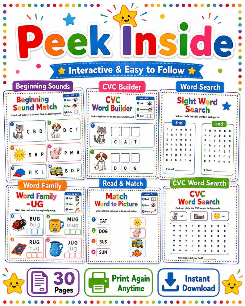 Kids Phonics Worksheets, CVC Words, First Grade Reading, Sight Words ...