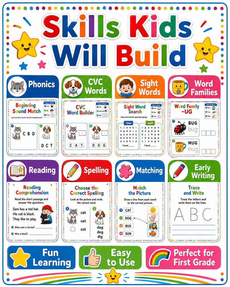 Kids Phonics Worksheets, CVC Words, First Grade Reading, Sight Words ...
