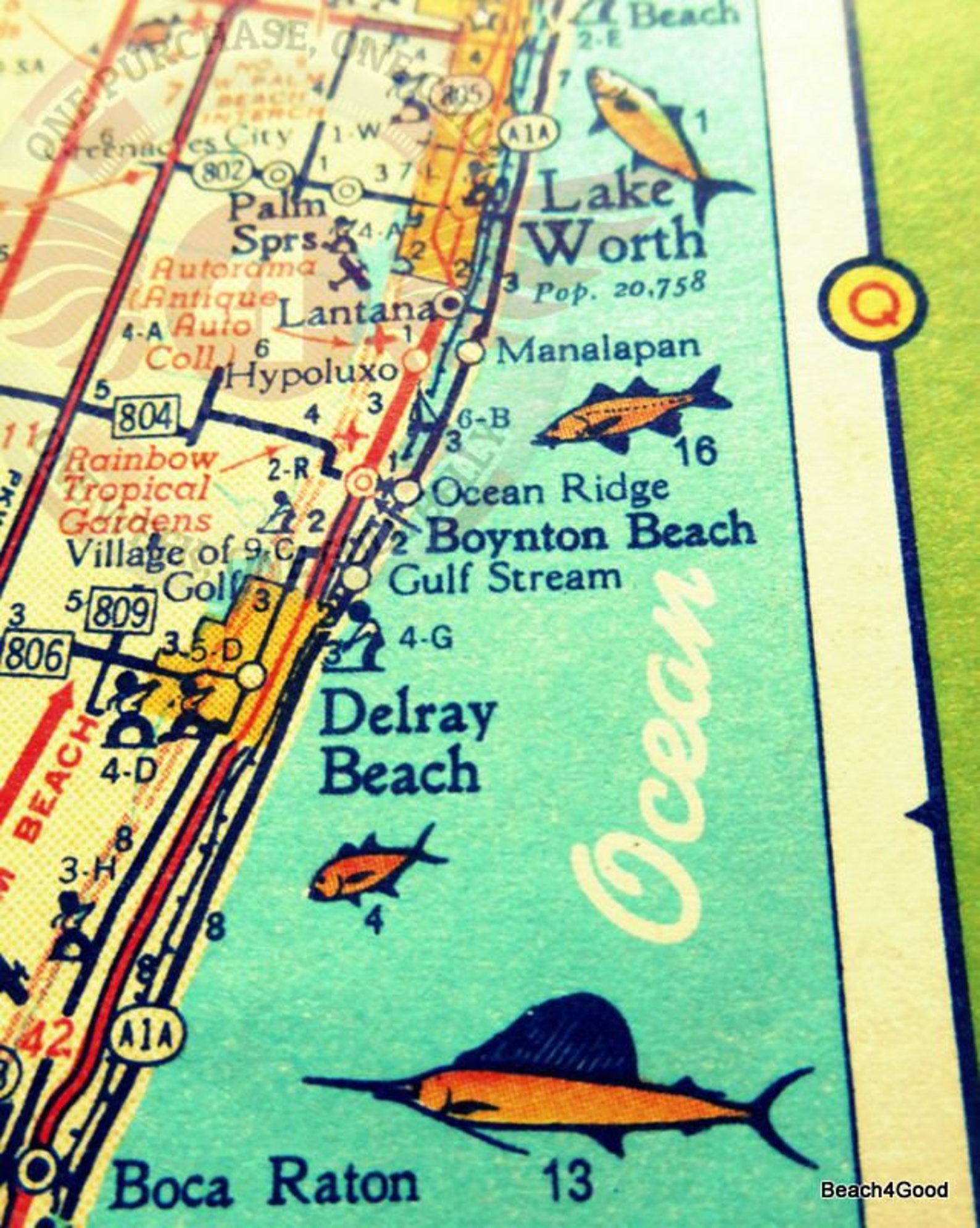 Delray Beach map print Boca Raton retro florida map Pompano | Etsy