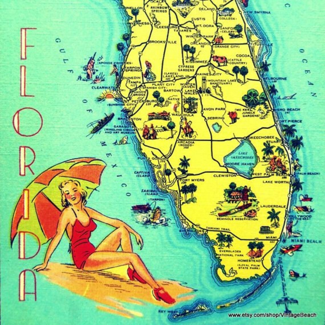 Florida Art Florida Map Florida Gift Canvas Sunshine State | Etsy