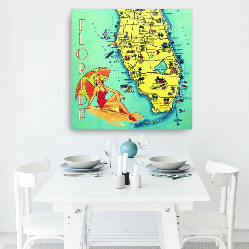 Retro Florida Map Canvas 40x40 Beach Home Decor Vintage | Etsy