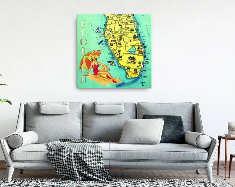 Retro Florida Map Canvas 40x40 Beach Home Decor Vintage | Etsy