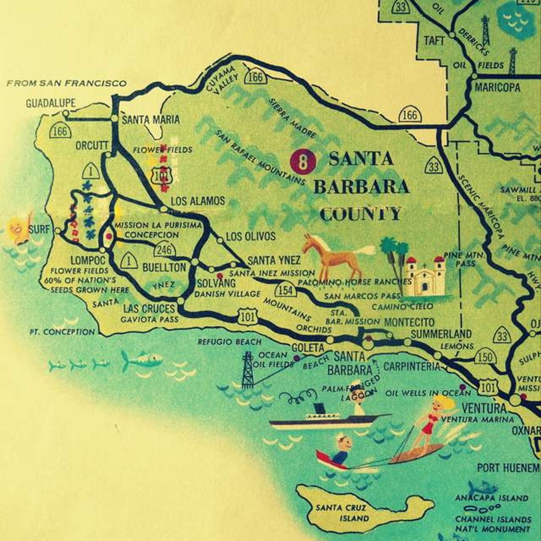 Vintage Santa Barbara Map Print Unique California Gifts - Etsy