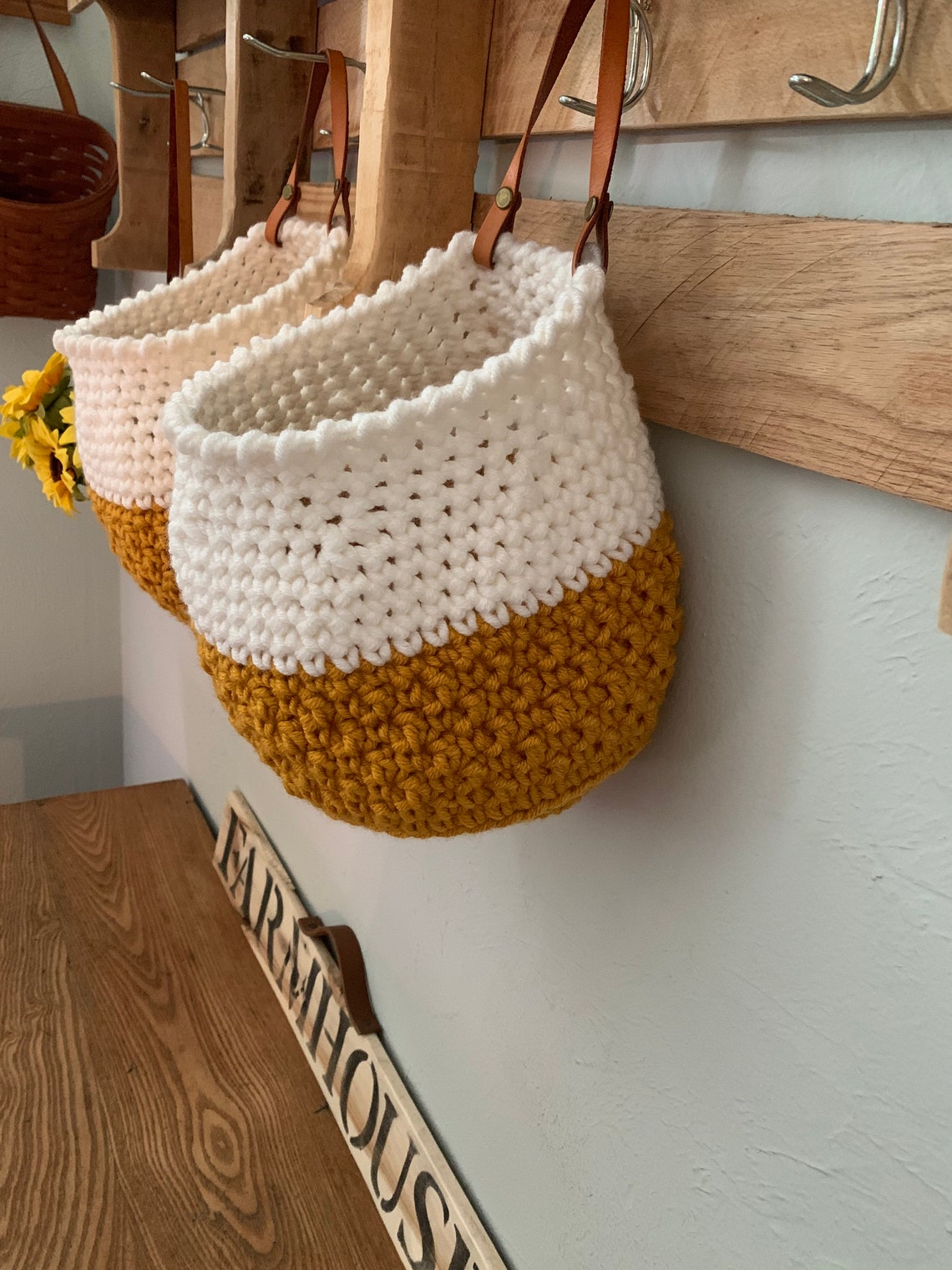 Crochet Hanging Basket / Crochet Hanging Bag / Farmhouse | Etsy