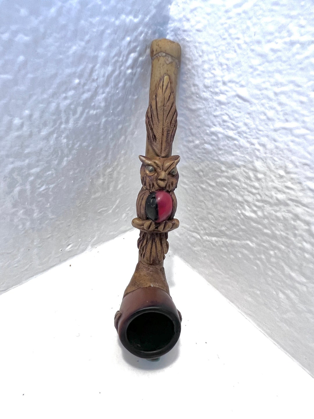 Vintage Tobacco Pipe - Owl With Beaded Eyes & Stones - Costa Rica - Etsy