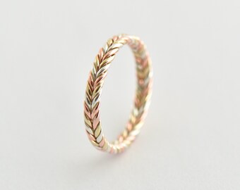 Trinity Wedding Ring, Unique Braided Wedding Band, Tricolor Gold Ring ...