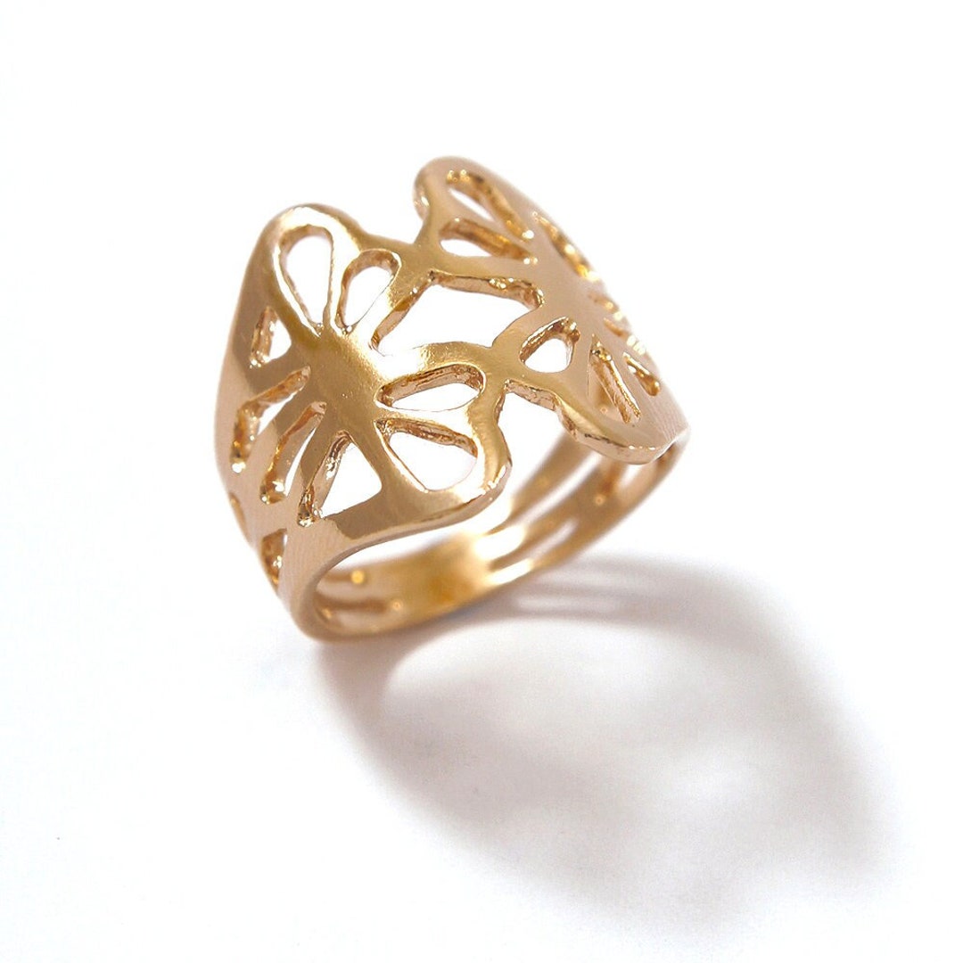 Wide Gold Geometric Band Ring for Women, Unique Band Ring, Nature Bee ...