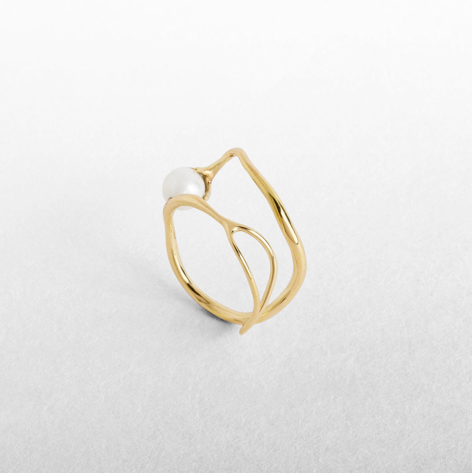 White Pearl Ring Modern Pearl Ring Unique Gold Ring Unusual | Etsy