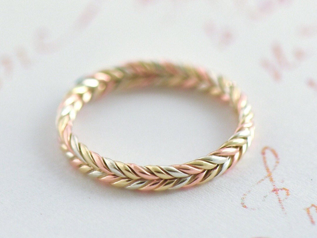 Trinity Wedding Ring, Unique Braided Wedding Band, Tricolor Gold Ring ...