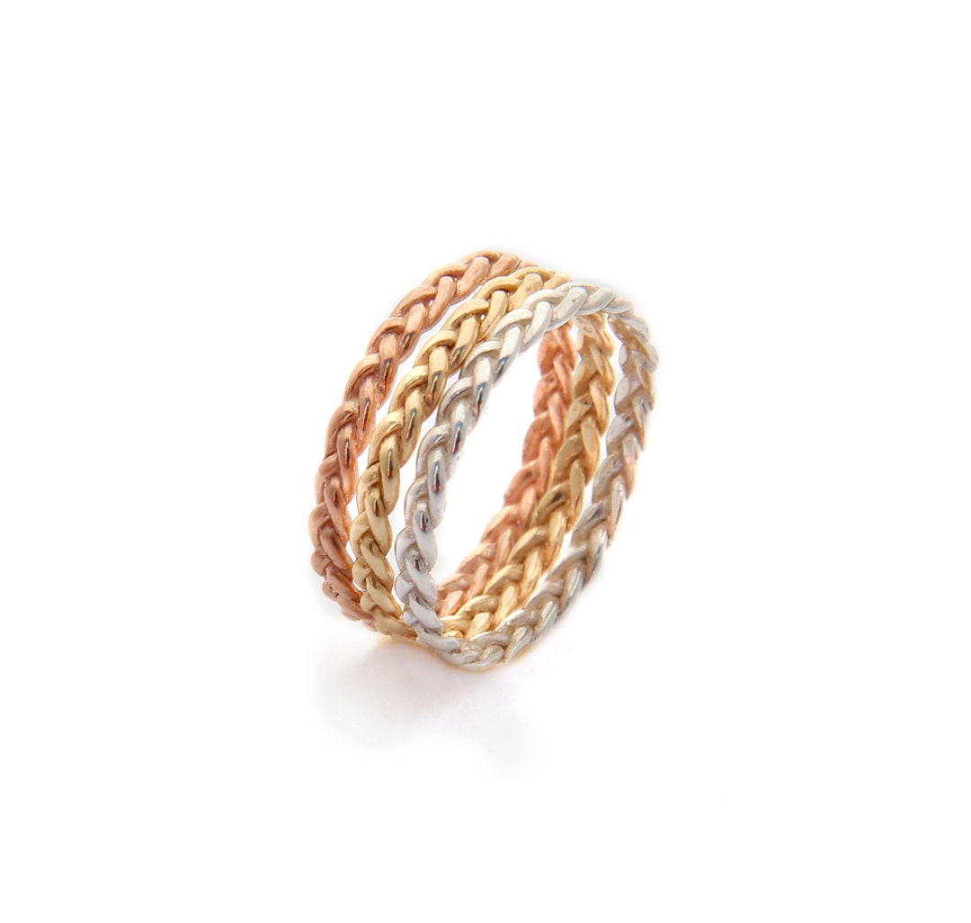 14K Stacking Rings, 3 Rings Set, Braided Gold Rings, Tri Color Gold ...