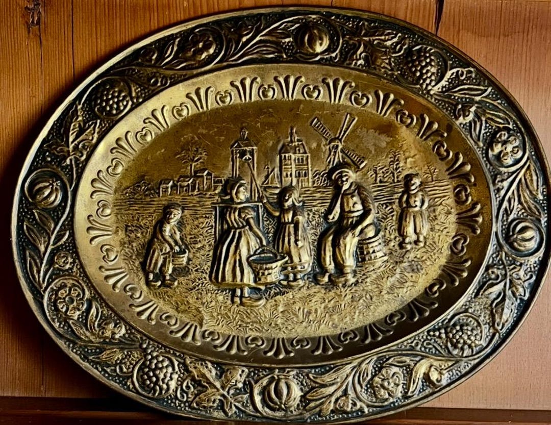 Oval ~ Brass Wall Plaque ~ Dutch / European Country Scene ~ Repousse ...