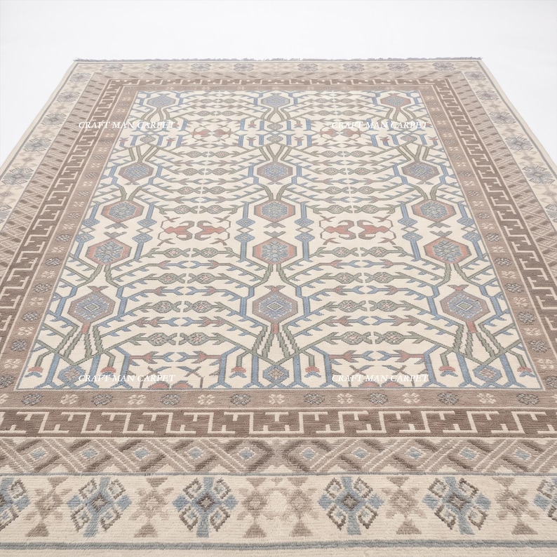 Indo Hand Knotted Rug Beige Blue Brown Area Carpet Handmade Traditional ...