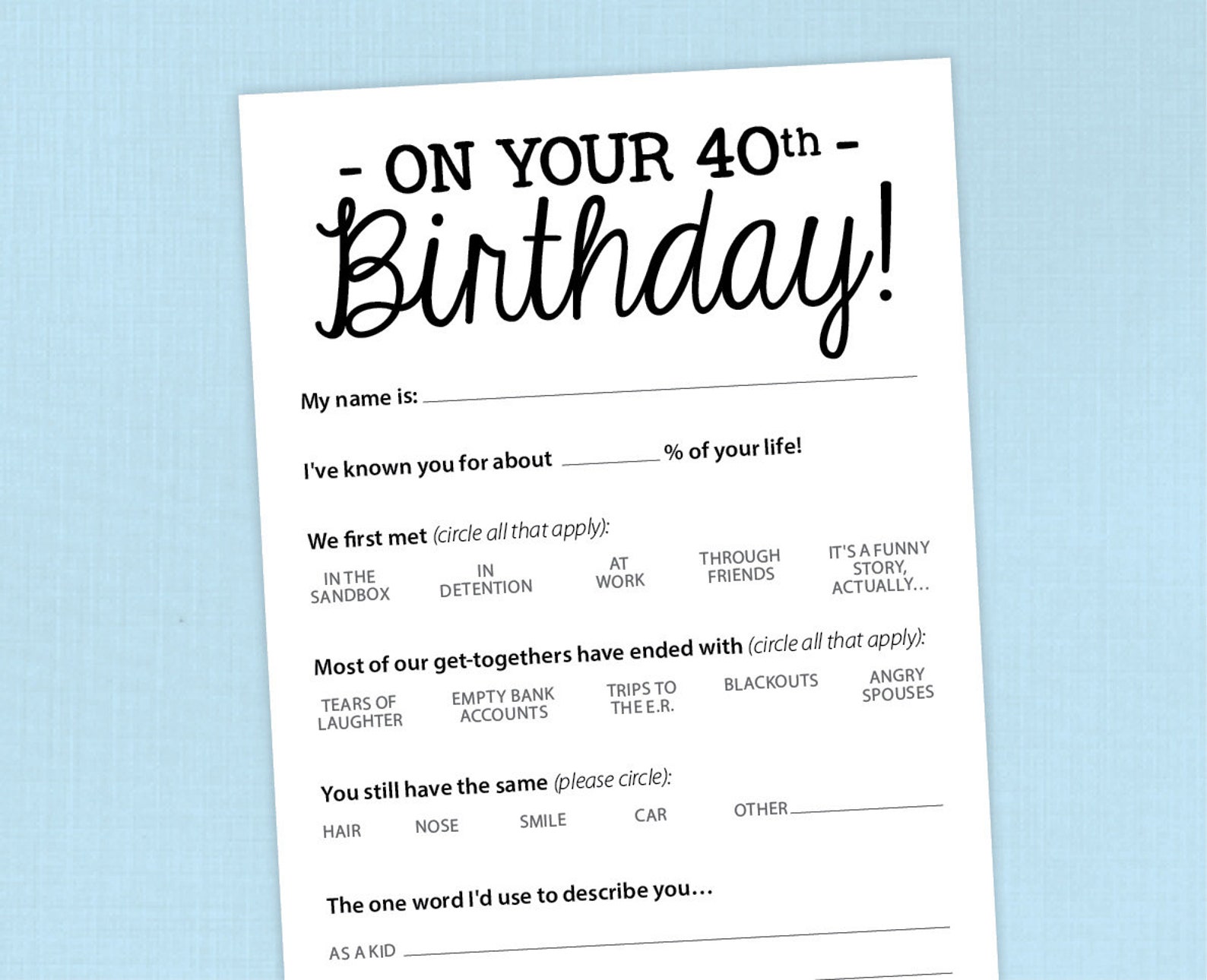 40th Birthday Party Game Card, Funny Milestone Printable PDF - Etsy