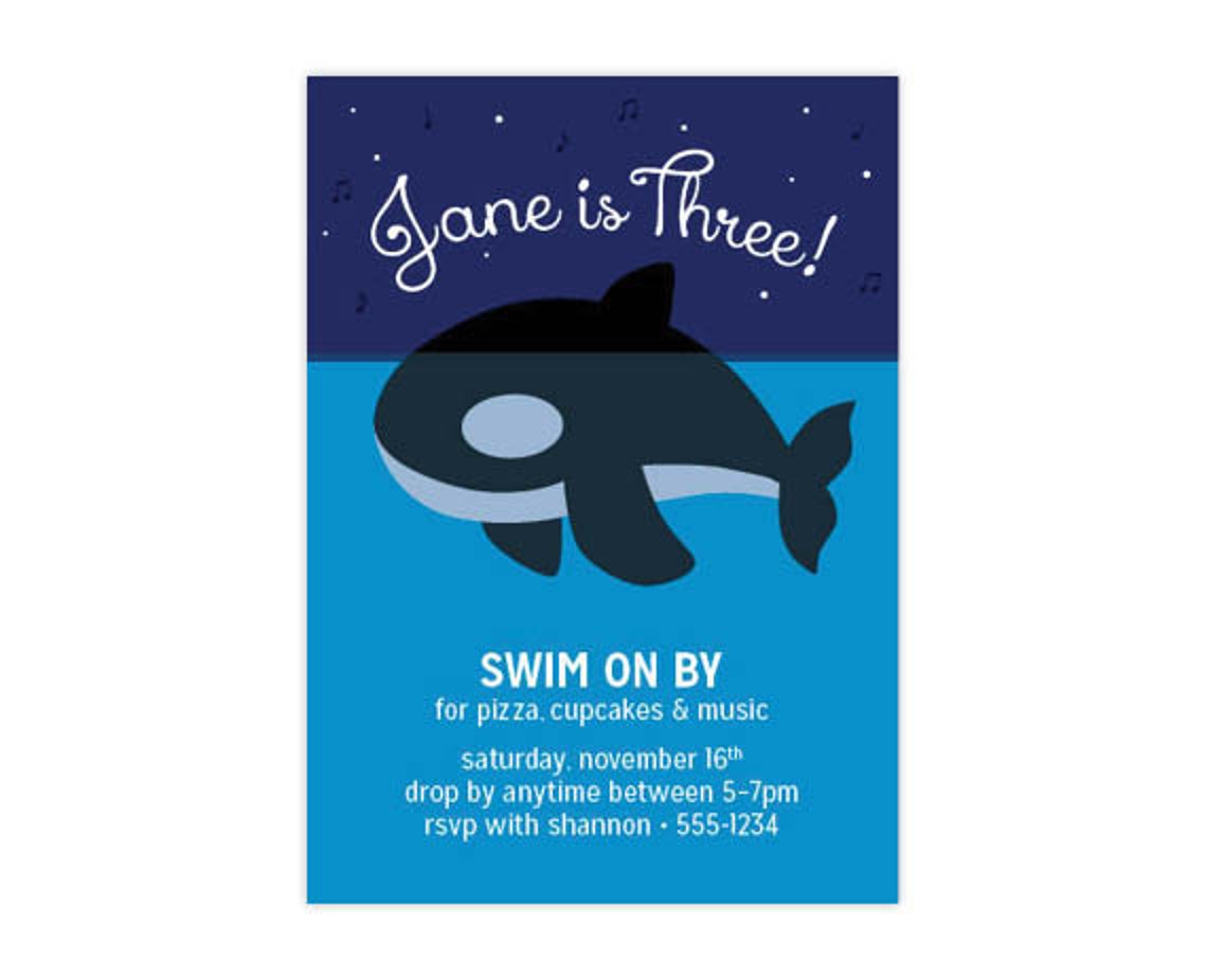 Cute Orca Birthday Invitation for Kids, Day & Night Versions, Custom ...