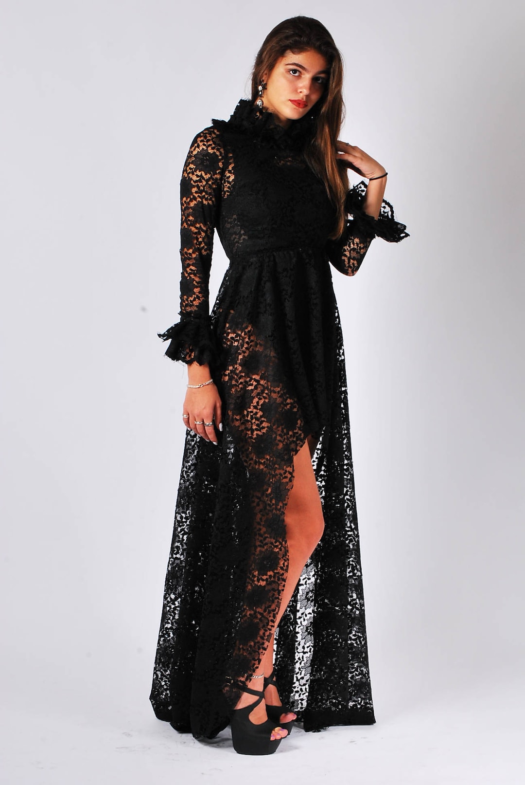 Ruffle Black Maxi Dress/ Long Sleeve Dress/ Maxi Lace Dress/ - Etsy