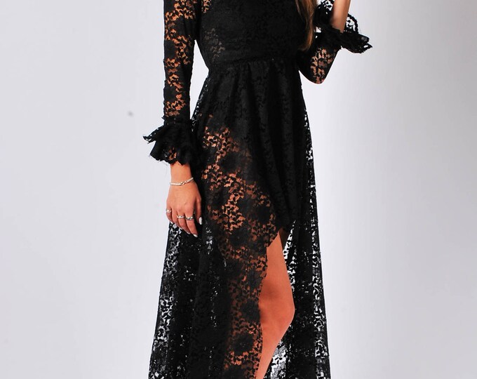 Ruffle Black Maxi Dress/ Long Sleeve Dress/ Maxi Lace Dress ...