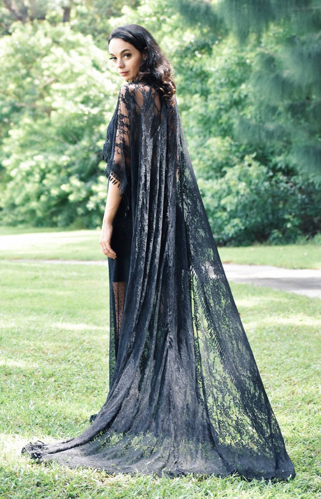 Black Lace Wedding Cape, Long Lace Bridal Cape With Fringe Trim, Long ...