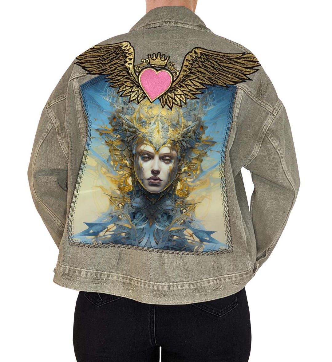Oversized Olive Denim Jacket: Futuristic Angel Art Embroidery - Etsy
