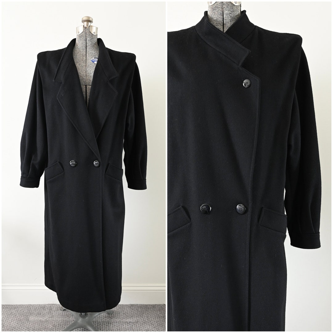 1980s Prima Lana Long Black Drop Waist Wool Coat W/ Statement Shoulders ...