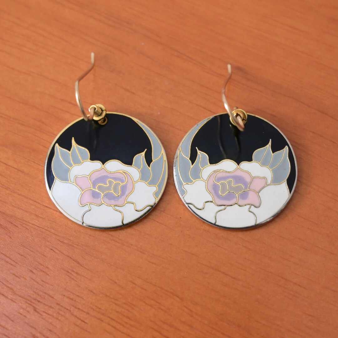 1990s Laurel Burch garden Rose Black White Pink Green Enamel and Gold ...