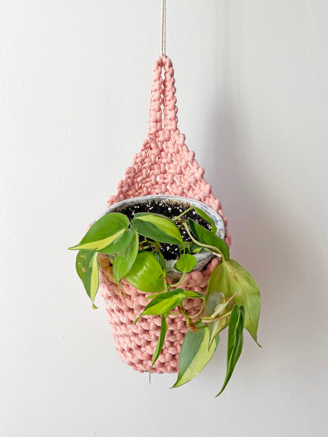 Small Light Pink Macrame Hanging Basket Macrame Woven Plant Hanger FREE ...