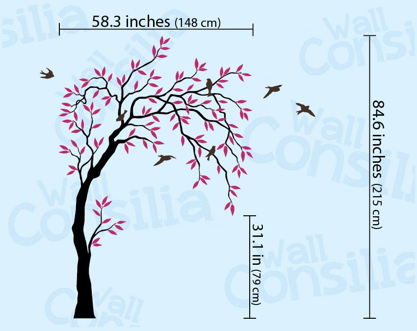 Large Leaning Tree Wall Decal for Nursery – Mural Sticker With Birds ...