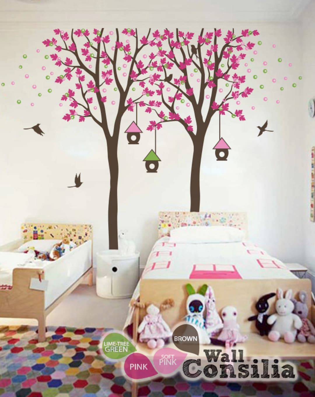 Baby Nursery Wall Decals - Birdhouse Tree Wall Decal - Two Trees With ...