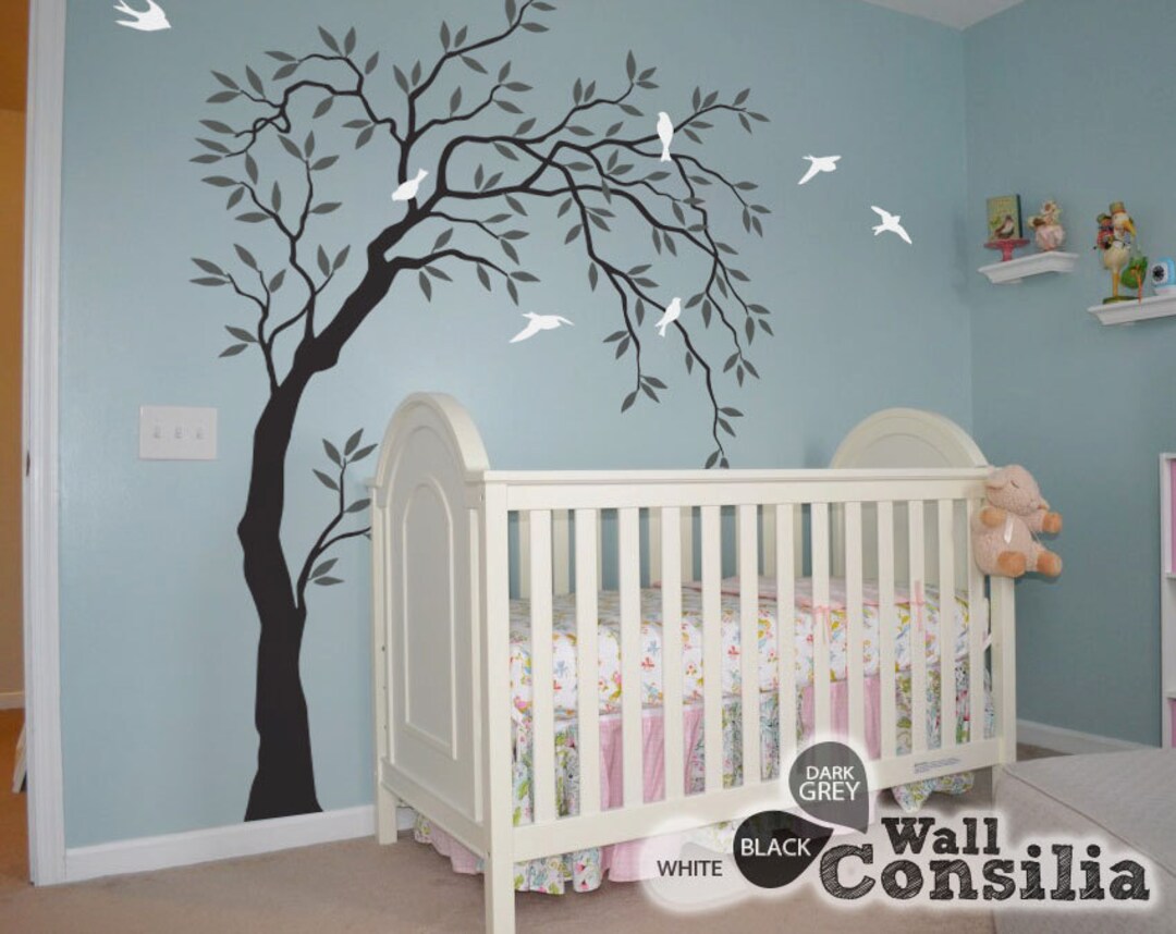 Large Leaning Tree Wall Decal With Birds, Nursery Mural Sticker, Kids ...
