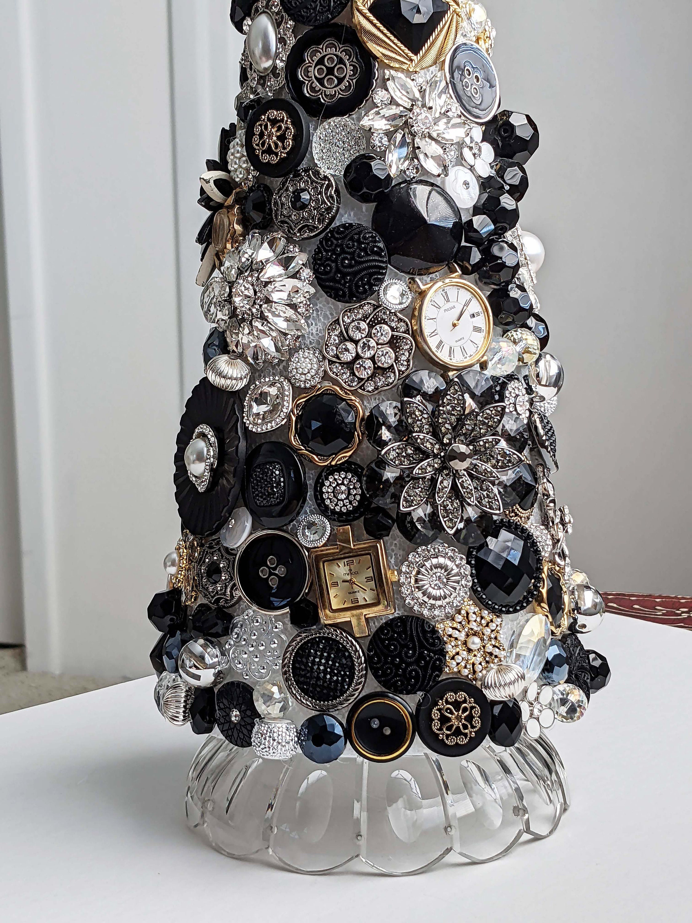 Jeweled Decorated Table Top Christmas Tree - Watches, Crystals, Buttons ...