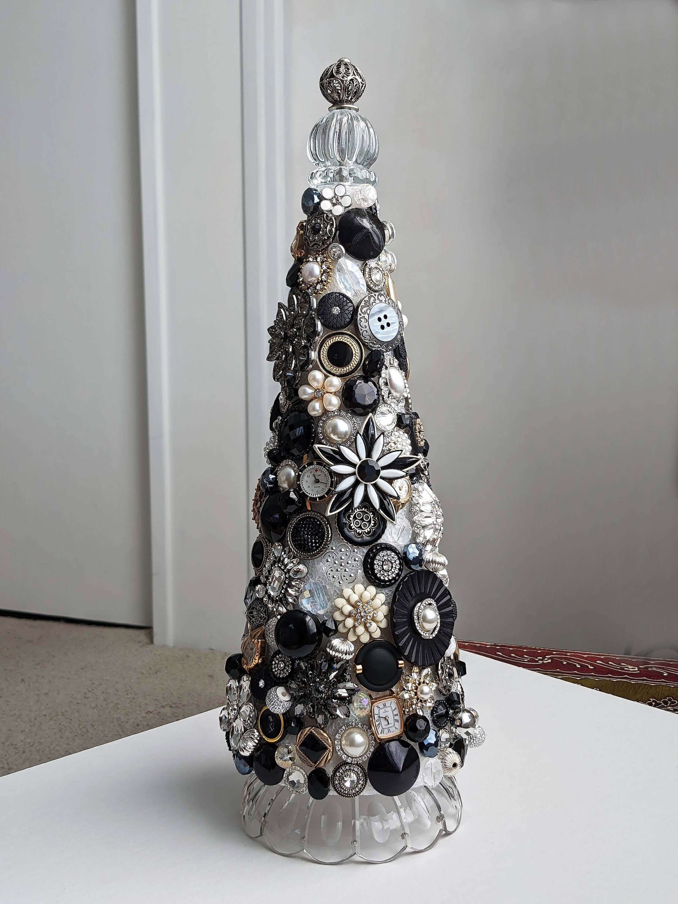 Jeweled Decorated Table Top Christmas Tree - Watches, Crystals, Buttons ...