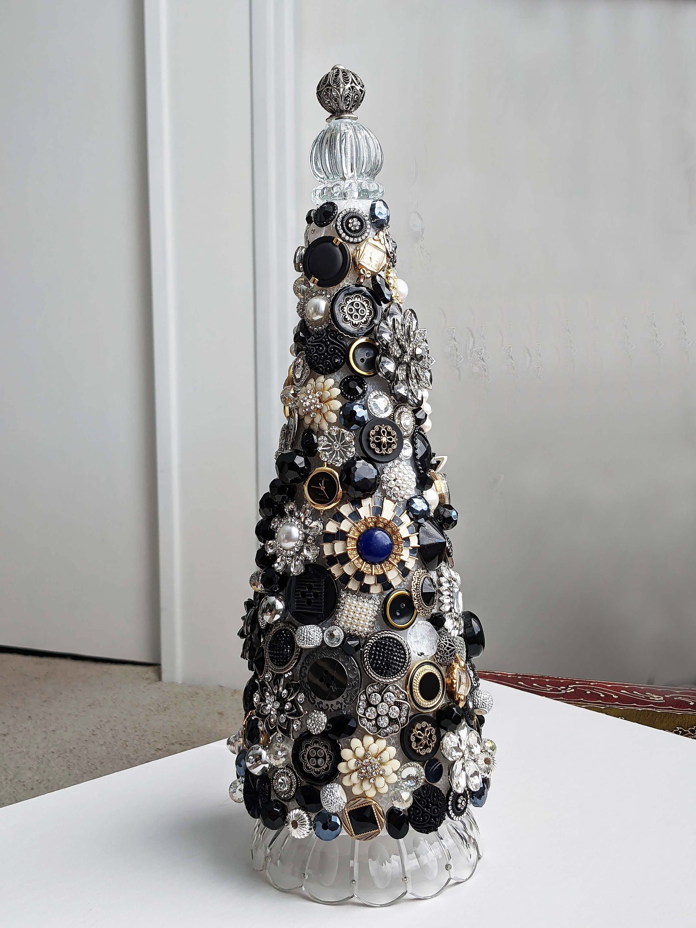 Jeweled Decorated Table Top Christmas Tree - Watches, Crystals, Buttons ...