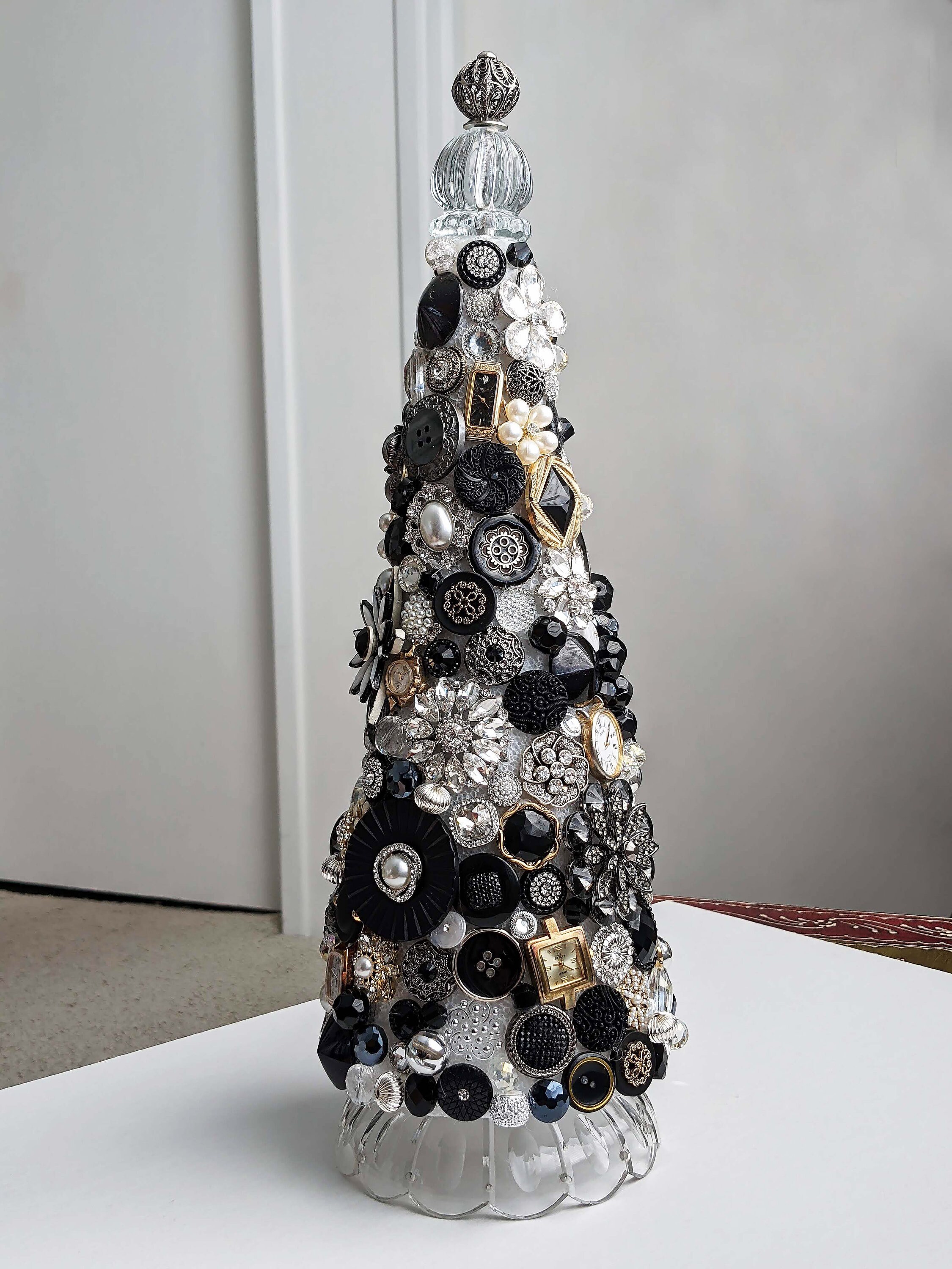 Jeweled Decorated Table Top Christmas Tree - Watches, Crystals, Buttons ...