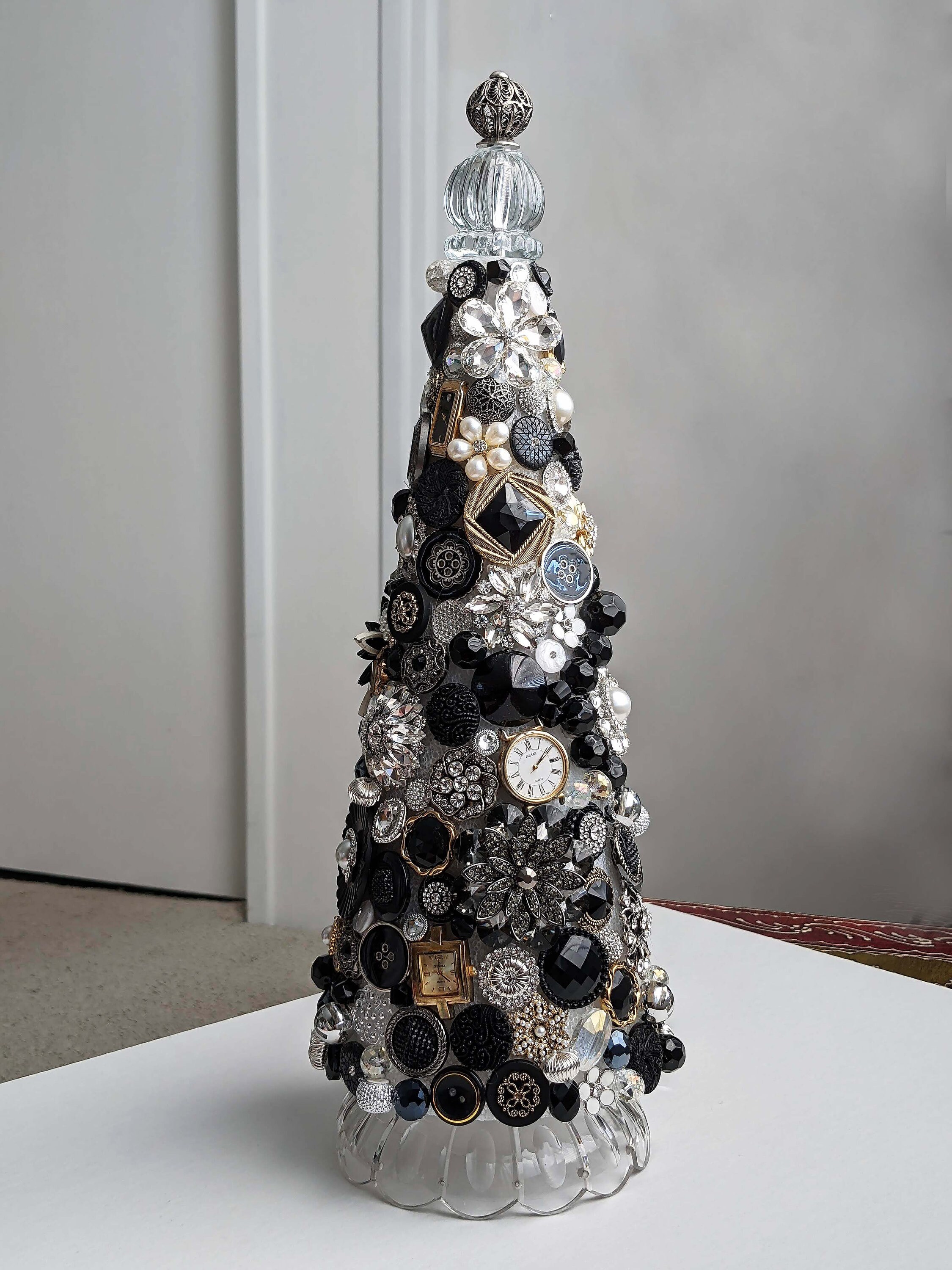 Jeweled Decorated Table Top Christmas Tree - Watches, Crystals, Buttons ...