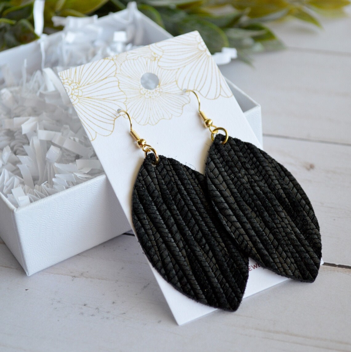 Petal Shaped Leather Earrings Black Palm Leaf Braid Pattern | Etsy