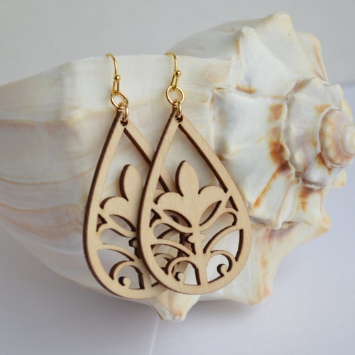 Leaf Design Laser Cut Wood Earrings Etsy