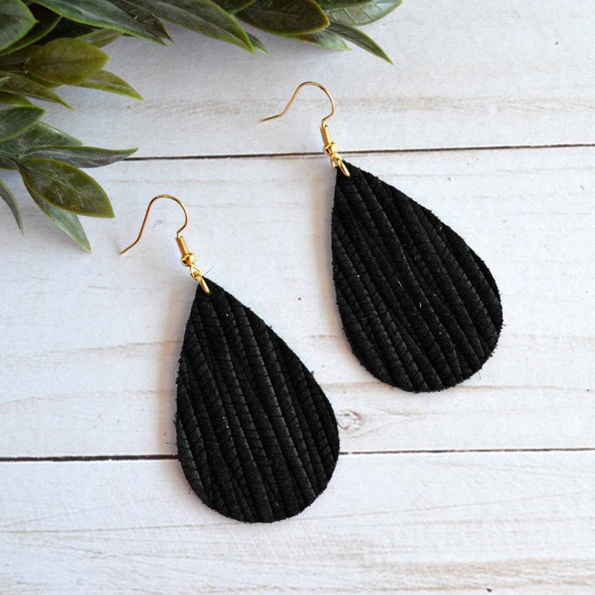Teardrop Shape Leather Earrings || Black Palm Leaf Braid Pattern