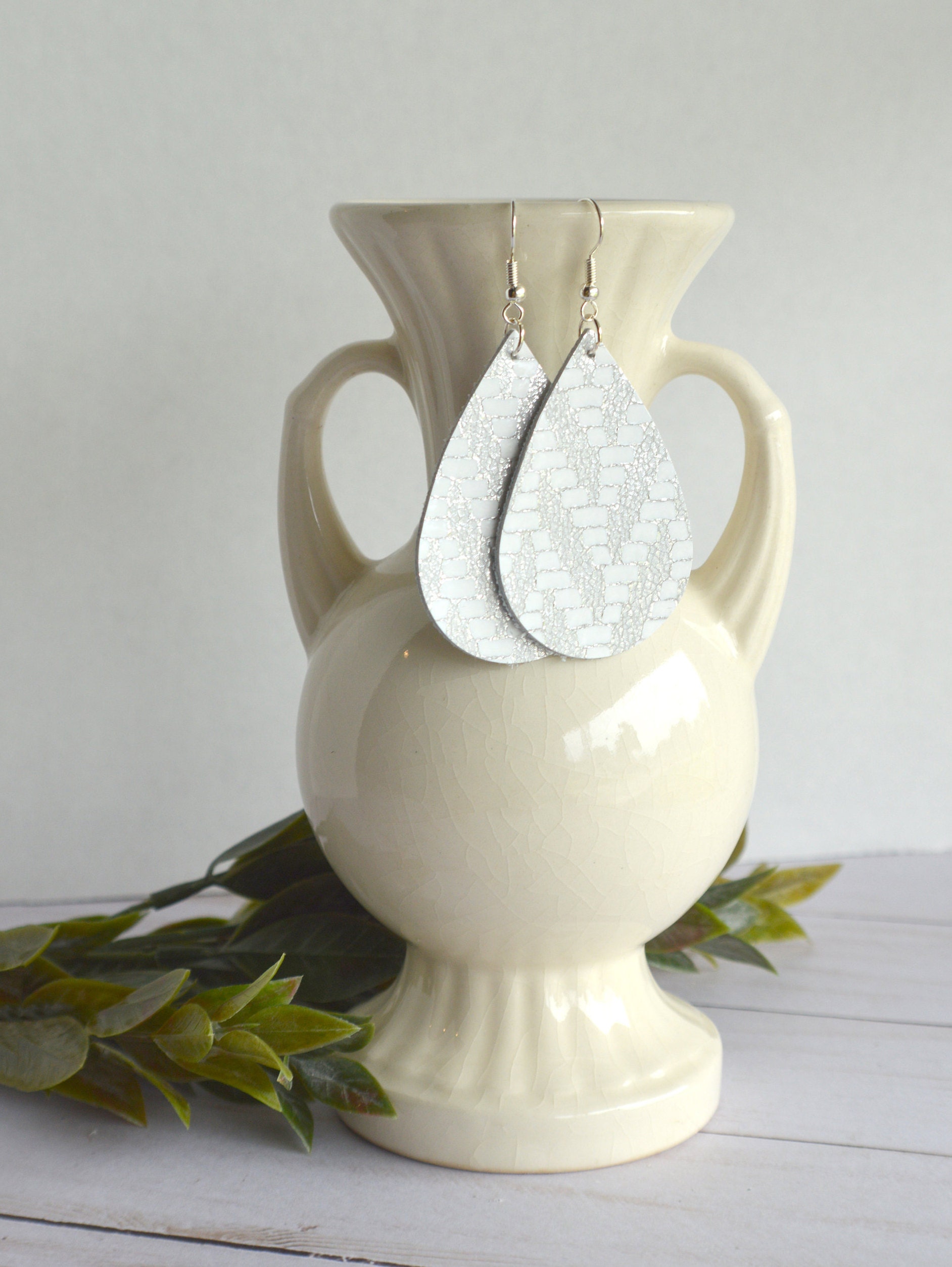 Silver and White Metallic Chevron Leather Teardrop Earrings | Etsy