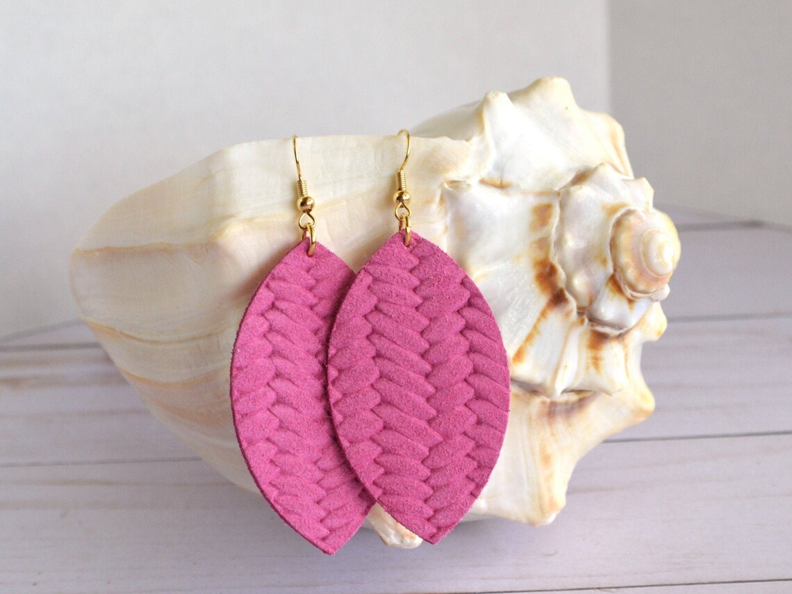 Hot Pink Fishtail Braid Leather Petal Leaf Earrings - Etsy