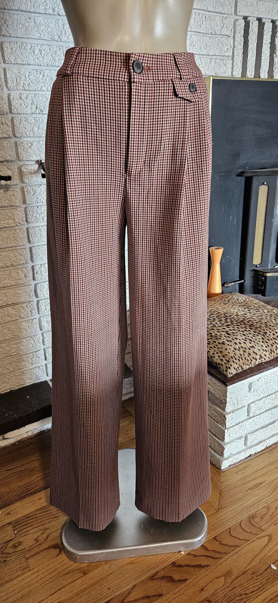 Retro Rayon Blend Pleated Slacks: Tan Rust Brown Grid, Size 8/10 (NWT ...
