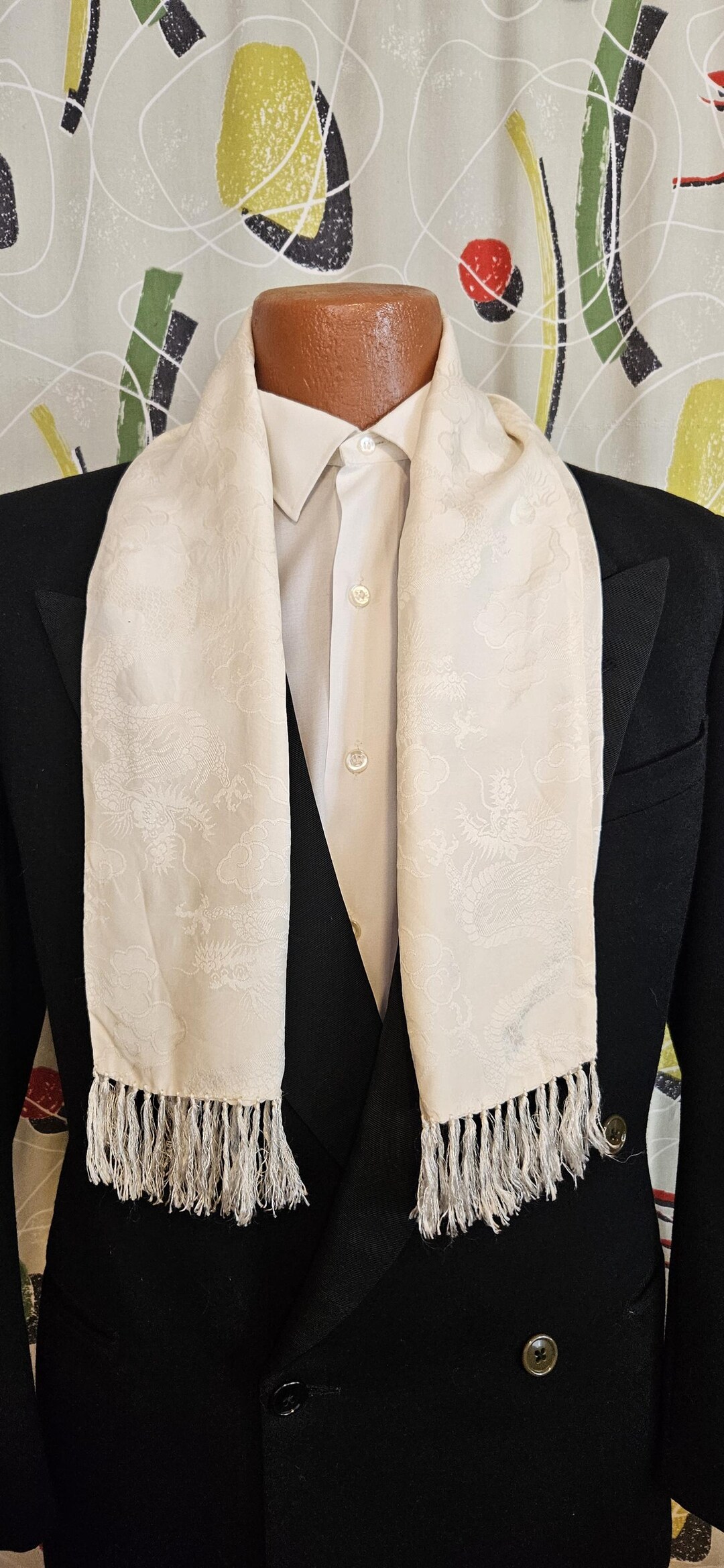 NEW!! 1950's Cream Silk Rayon Dressy Ascot With Dragon and Cloud Design ...