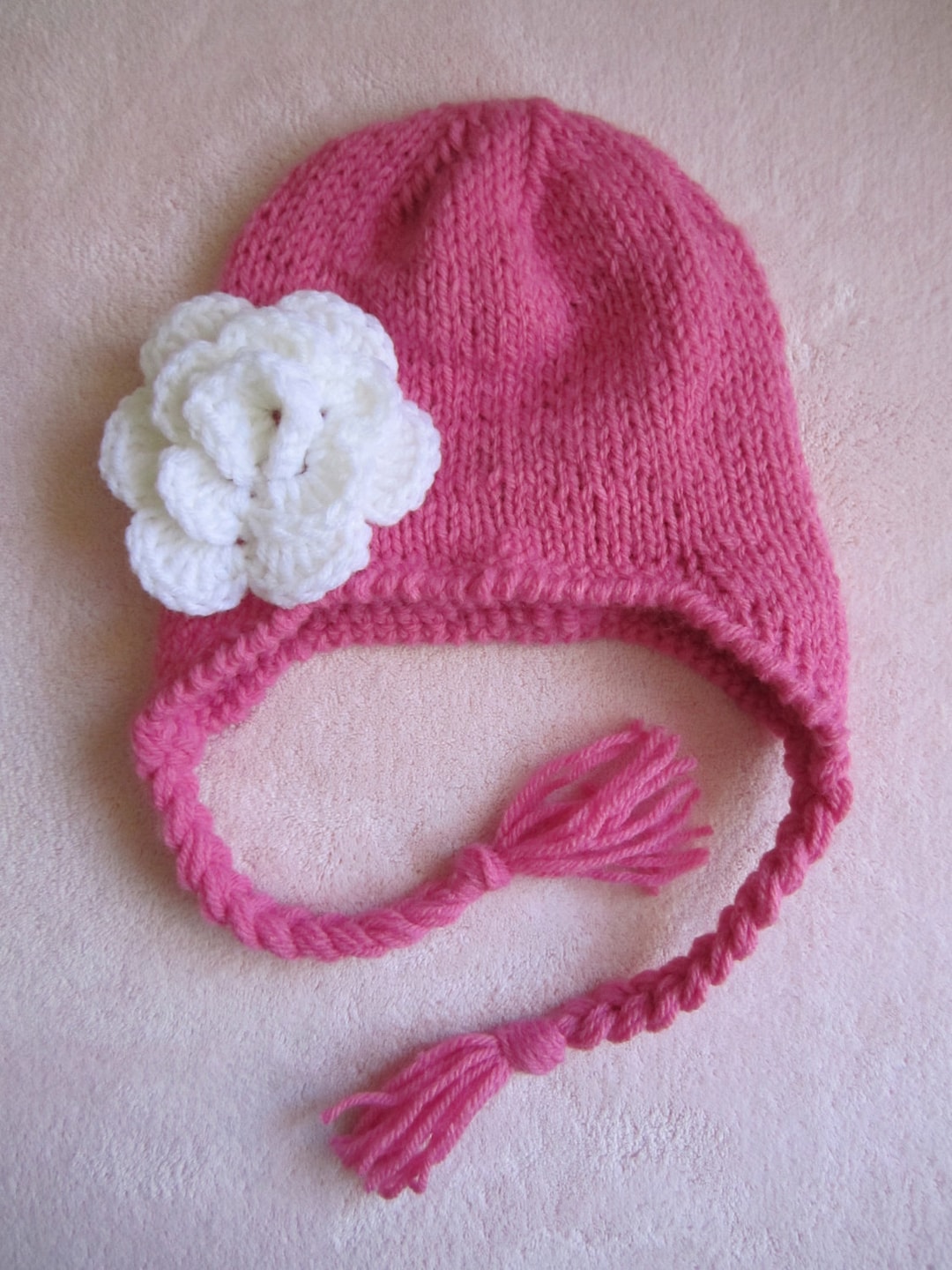 Hot Pink Beanie With White Flower. Pink and White Beanie With Ear ...