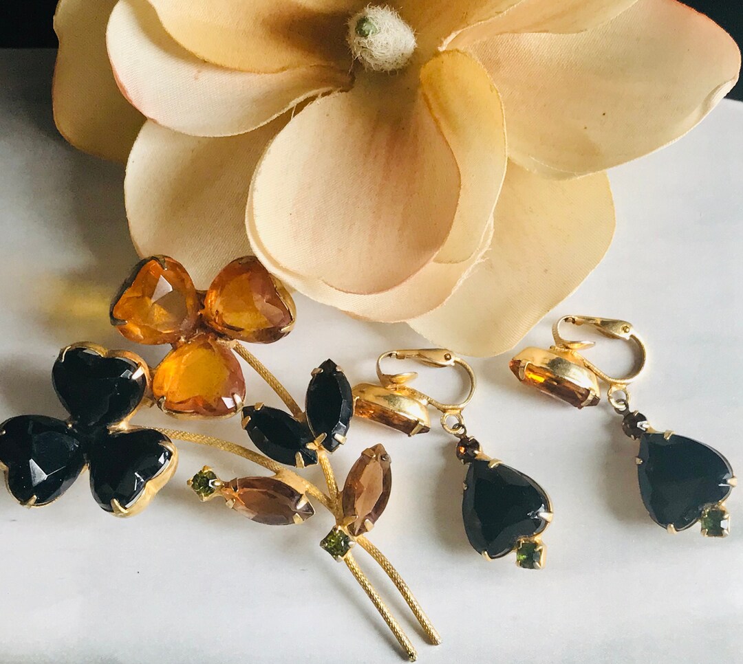 Stunning Jewel Amber Crystal and Black Glass Brooch and Earring Set - Etsy