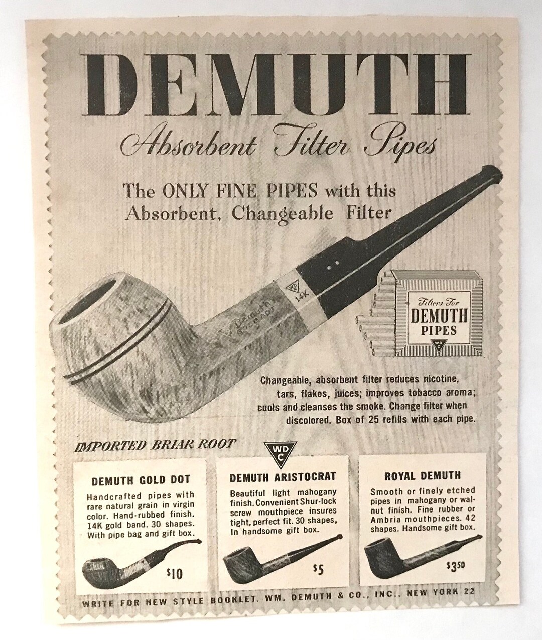 Original 1947 DEMUTH Newspaper Ad, Tobacco Pipes With Changeable ...