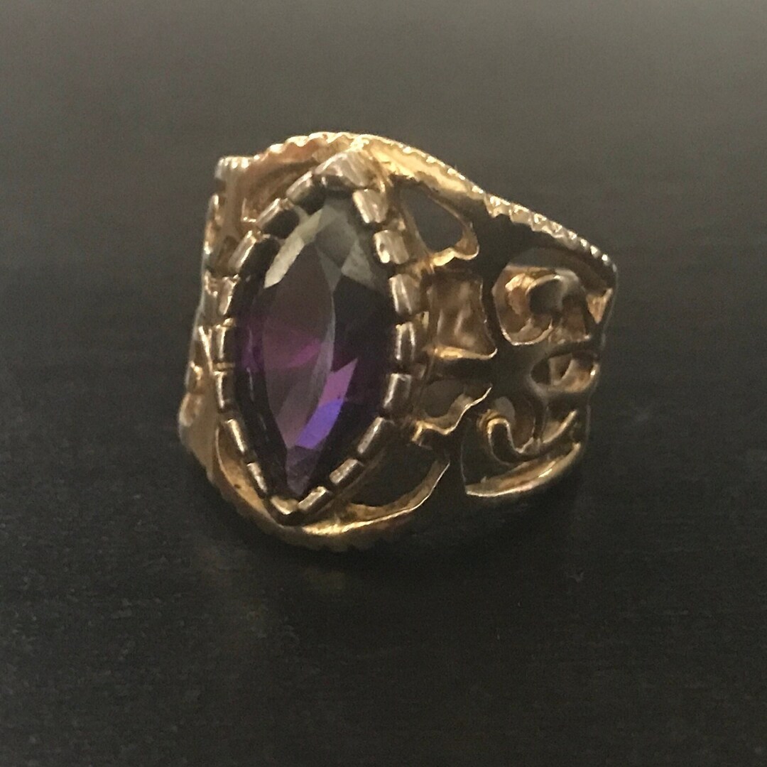 Classic Signed DAC Ring, 18K Gold Plated Purple Glass Ladies Vintage ...