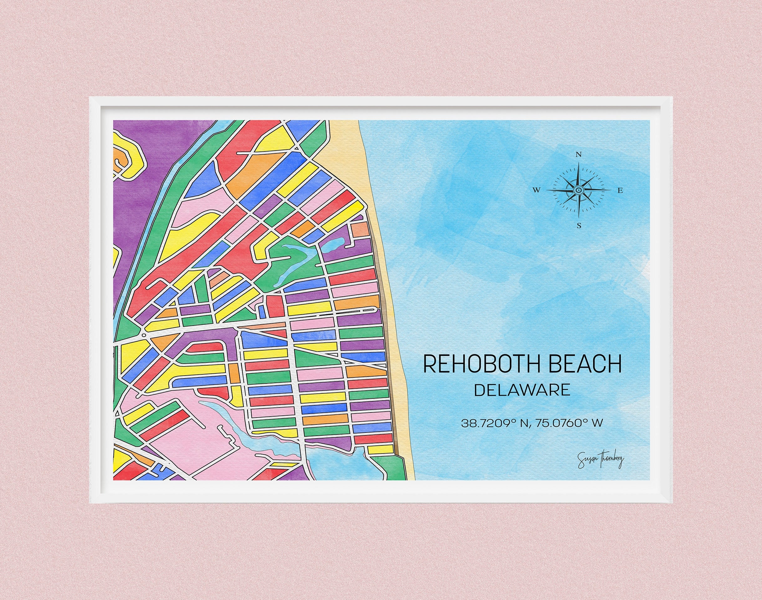 Rehoboth Beach Delaware Street Map Art Watercolor Delaware Pride Colors ...