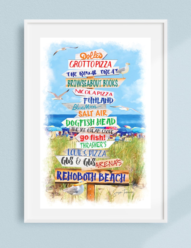Rehoboth Beach Art Print - Directional Beach Sign by Susan Thornberg - Etsy
