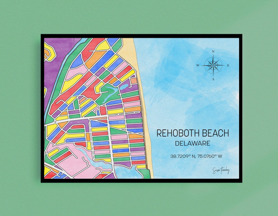 Rehoboth Beach Delaware Street Map Art Watercolor Delaware Pride Colors ...