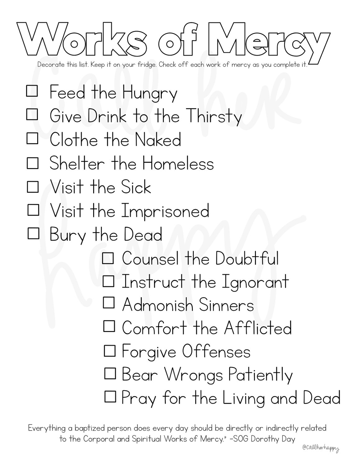 Dorothy Day Works of Mercy Printable Coloring Page Sheet Lazy | Etsy