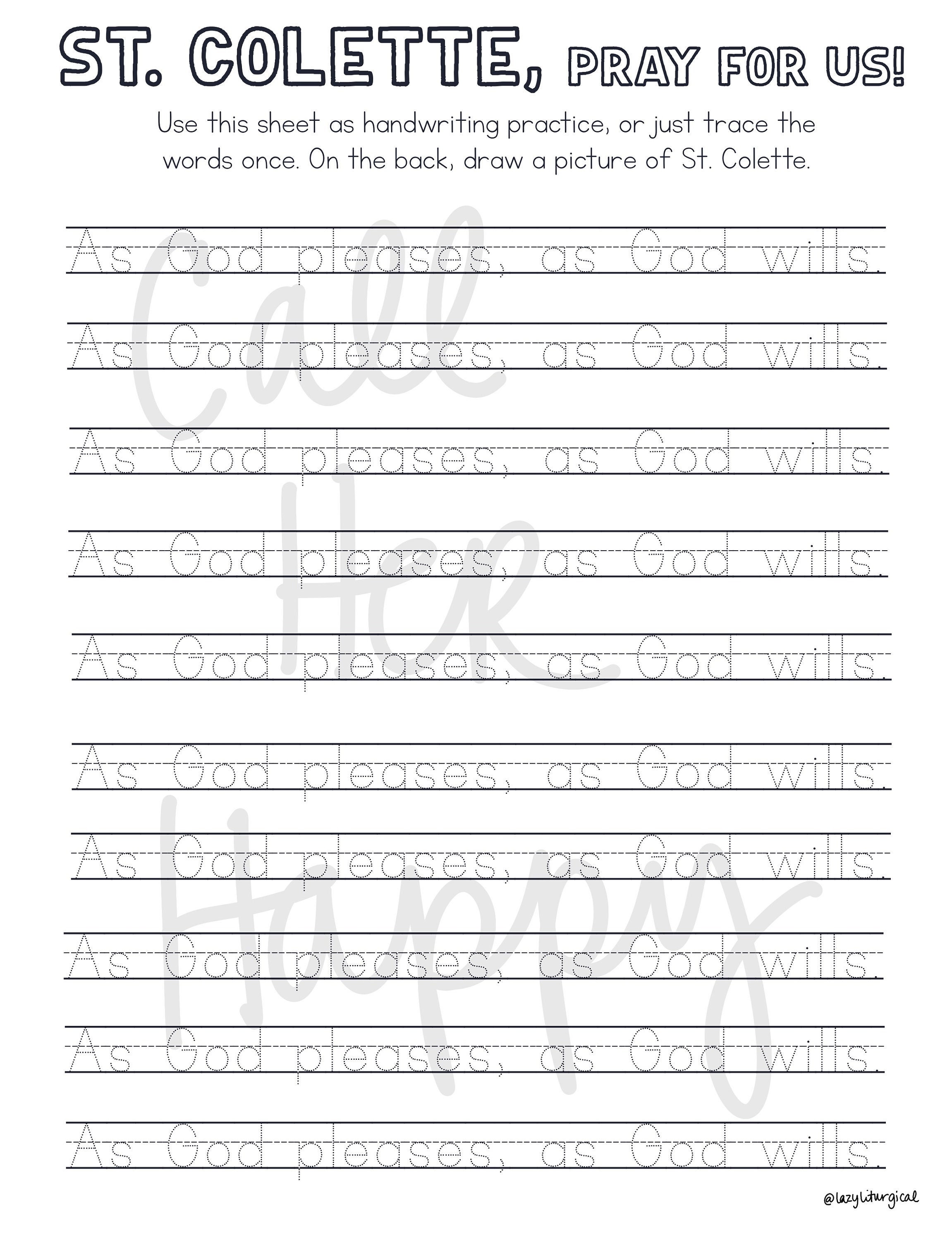 St Colette Handwriting Practice Worksheet Printable Coloring Page Sheet ...