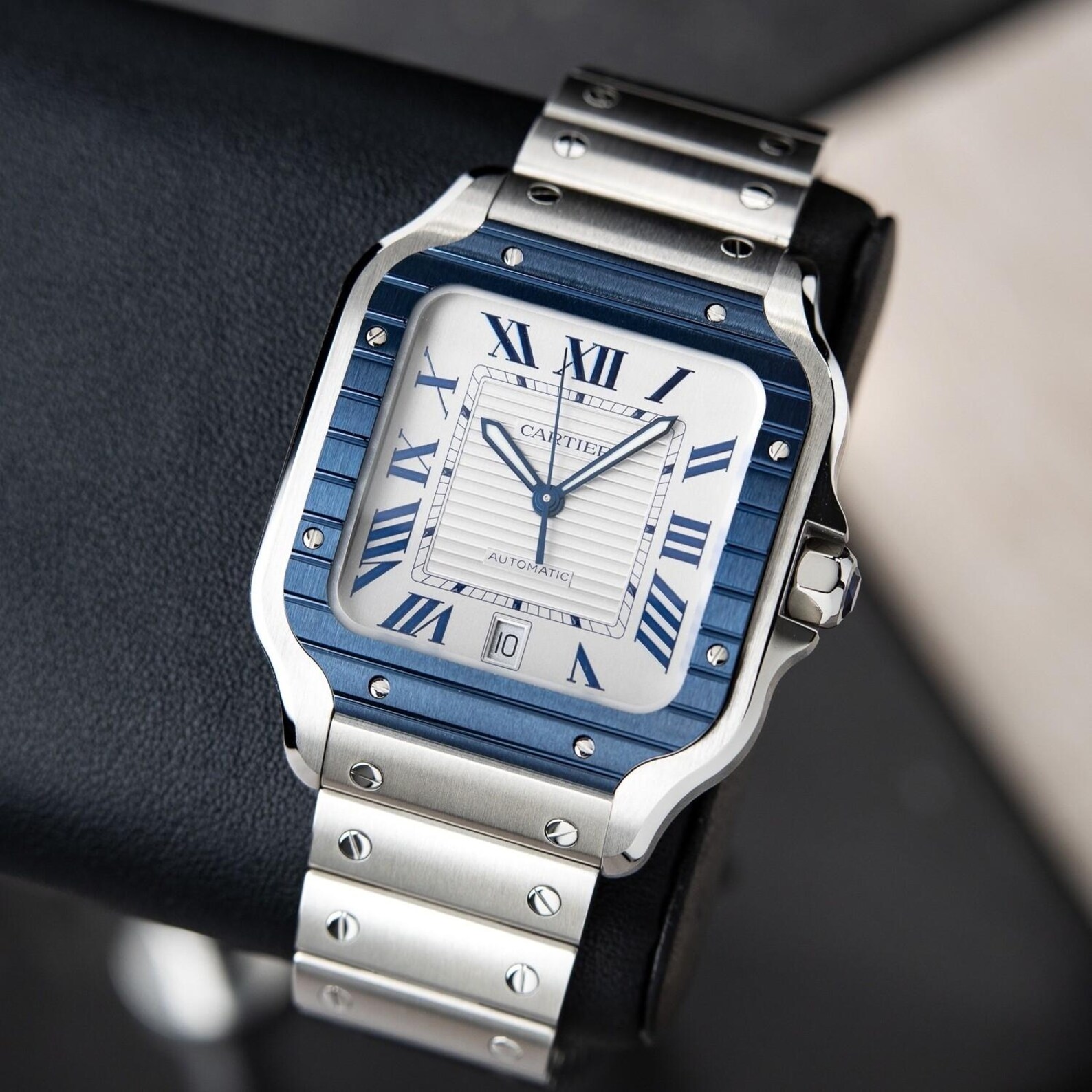 Cartier, Strap Watch, Santos De Cartier UNWORN Large Blue PVD Bezel ...
